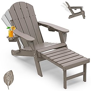 GREENVINES Folding Adjustable Backrest Adirondack Chairs with Ottoman | Set of 2 | Wood Grain | HDPE All-Weather Reclining Firepit Chair | Cup Holders & Footrest | Grey