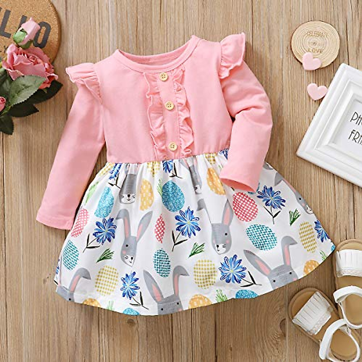 Goodplayer Toddler Baby Girl Easter Outfits Ruffle Long Sleeve Top Bunny Egg Print Skirt One-Piece Girl Dress Clothes (Pink, 3-4 Years)