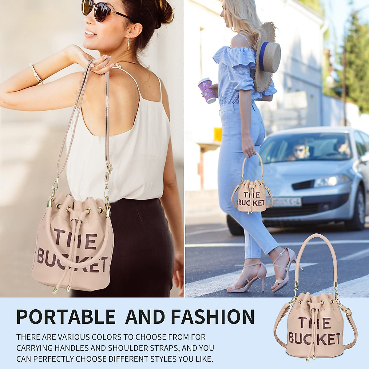 JQAliMOVV The Bucket Bags for Women, Mini Leather Bucket Bag Purses Drawstring Closure Crossbody Handbags Hobo Bag (Khaki)