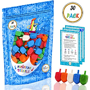 The Dreidel Company Hanukkah Dreidels Multicolor Plastic Chanuka Dreidels with English Transliteration - Includes Dreidel Game Instruction Cards (30-Pack)