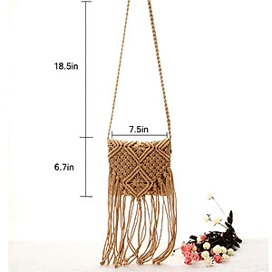 Goclothod Women Crochet Fringed Shoulder Bag Cotton Tassel Crossbody Bag Hippie Beach Purse