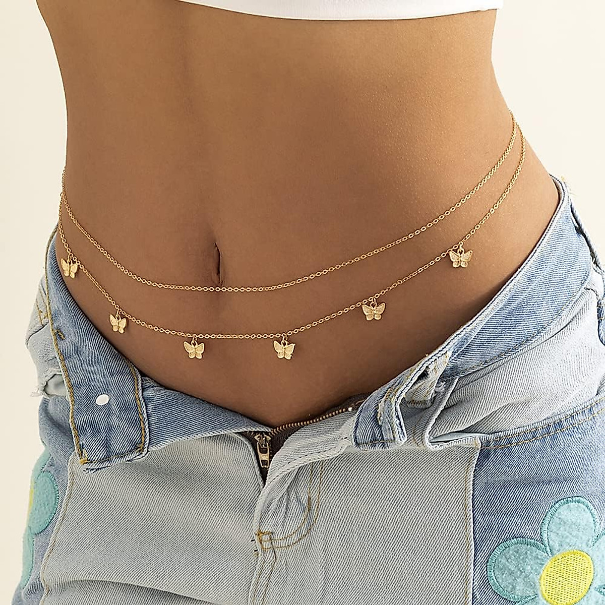 Missgrace Boho Layered Sexy Waist Chain Minimalist Beach Bikini Butterfly Body Chain Gold Belly Chain Adjustable Tassel Charms Trendy Jewelry Accessories for Women (Gold)