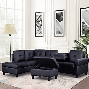 EMKK 105" L-Shape Sofa Couch with Chaise Lounge,Modern Linen Fabric Upholstery Sectional Sofá with Storage Ottoman 2 Pillows for Living Room Furniture Set, Apartment and Large Space, Black PU