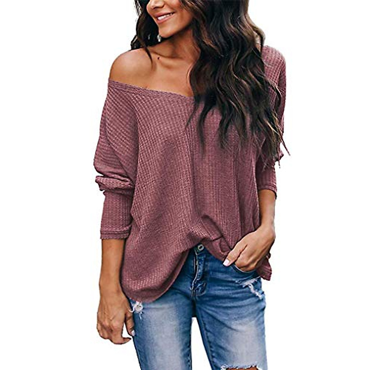 LuckyMore Women Long Sleeve V Neck Tops Sexy Off The Shoulder Loose Pullover Sweater Rust Red S