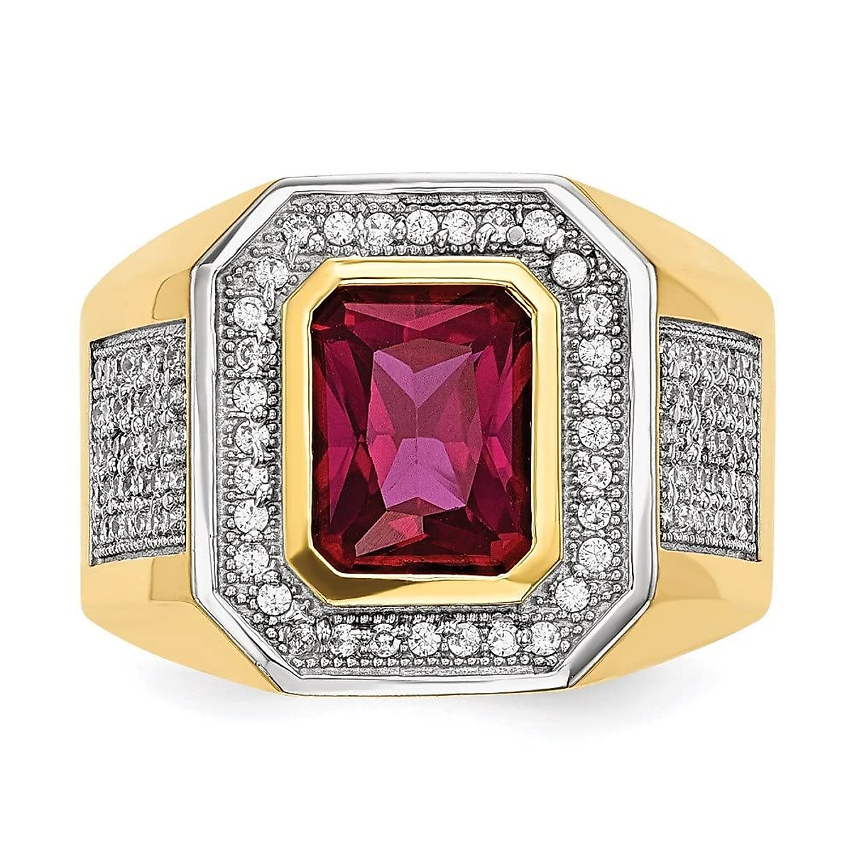 Diamond2Deal 14k Yellow Gold CZ and Emerald-Cut Red CZ Mens Ring