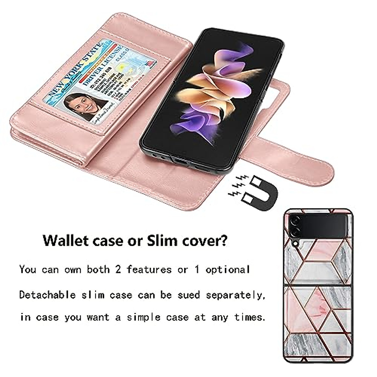 NJJEX Galaxy Z Flip 4 5G Case, for Samsung Galaxy Z Flip 4 5G Wallet Case, [9 Card Slots] PU Leather ID Credit Holder Folio Flip [Detachable] Kickstand Magnetic Phone Cover & Lanyard [Marble Pink]