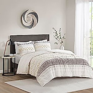 Hyde Lane Asha Boho Duvet Cover King, Farmhouse Ivory 100% Cotton Tufted Bedding Set with Zipper, Mid Century Modern Comforter Covers, 3 Pieces Including Matching Pillow Shams (104x90 Inches)