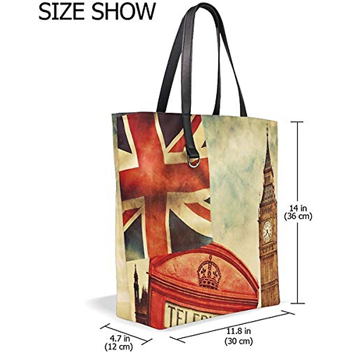 VVIEER Vintage Handbag Leather Tote Bag Purse British Flag Big Ben London for Womens, Image 912, 12inch x 4.7inch x 13.6inch