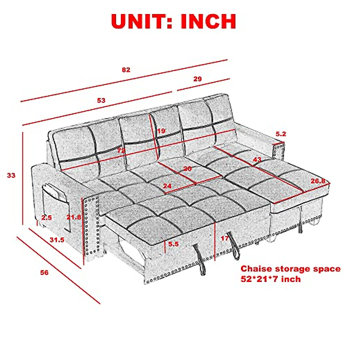 Ucloveria Reversible Sectional Sofa Couch, Sleeper Sofa Bed with Storage Chaise Pull Out Couch Bed for Living Room L-Shape Lounge 2 in 1 Sectional Couch with Pull Out Bed Black