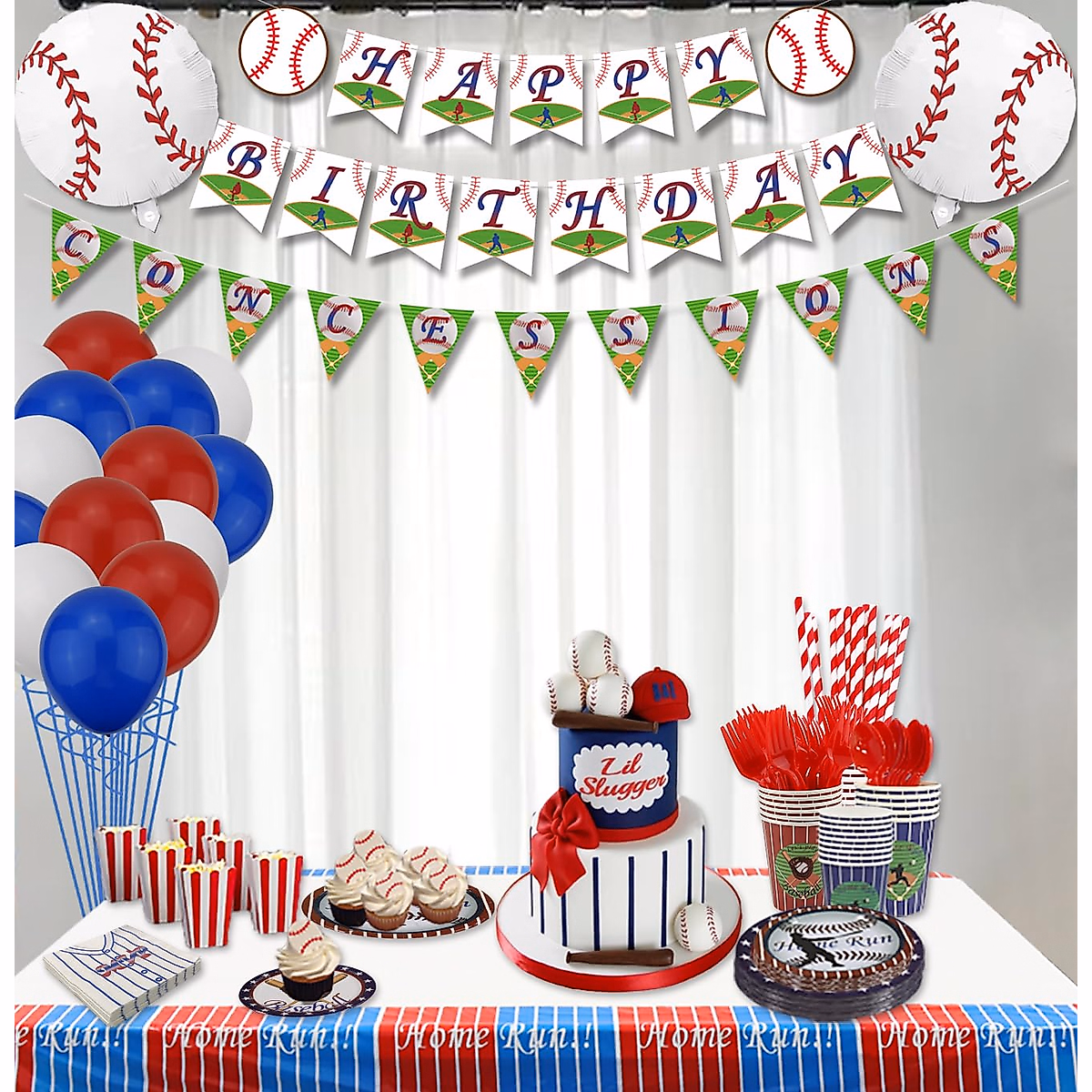 Baseball Party Supplies Sports Tableware Party Pack for Baseball Themed Birthday Party Including Plates, Cups, Napkins, Spoons, Knives, Forks, Tablecloth, Banner, Balloons Serves 20