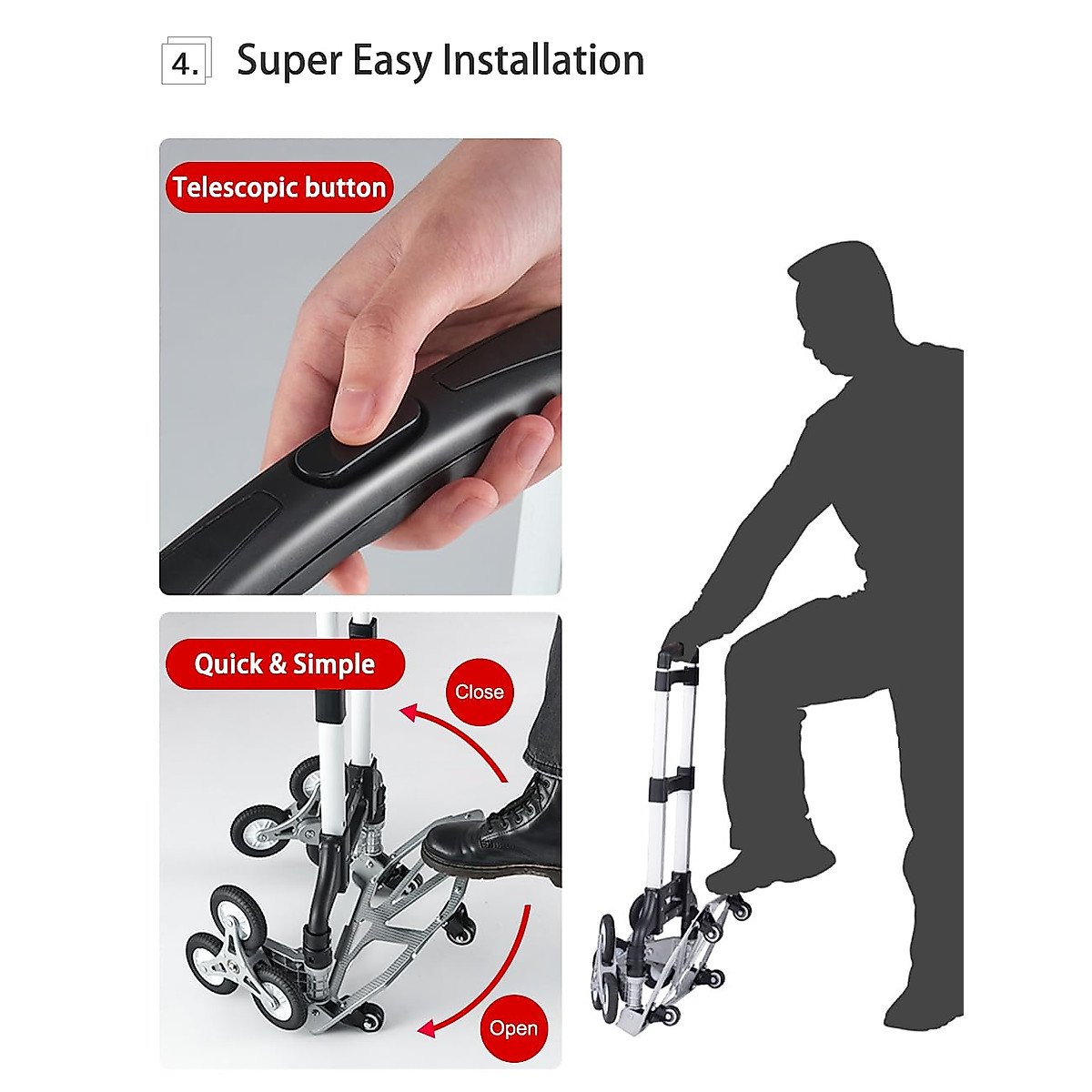 RJTEK 180 lbs Hand Truck Stair Climber Folding Grocery Cart Dolly cart Hand Truck Dolly Stair Climbing cart Heavy-Duty Lightweight Trolley