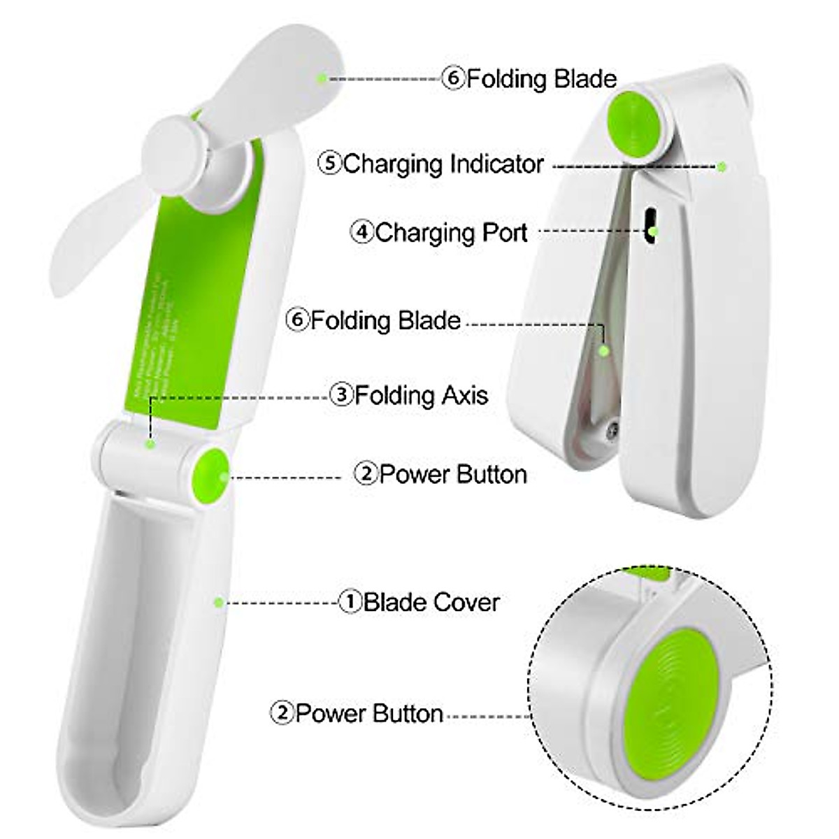 3 Pack Portable Pocket Fans Handheld Mini Fan Portable Foldable Fan Personal Travel Fan Hand Fan Summer USB Rechargeable Desk Fans for Home Women Travel Outdoors Or Indoors, 2 Speeds (Green)