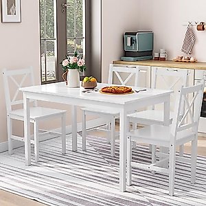 Alohappy Dining Table Set for 4, 5 Piece Kitchen Table Set with 4 Chairs Pine Wood Dining Table Rectangle Breakfast Table and Chairs for Small Space, Space-Saving & Easy Assembly (White)