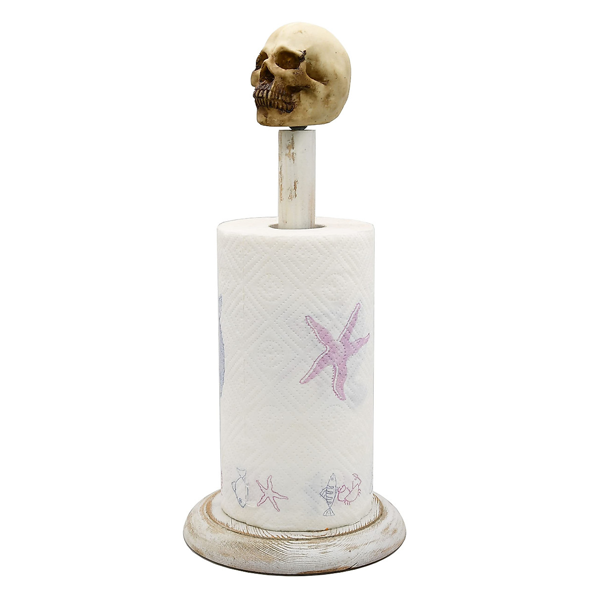 Rustic Wood Skull Paper Towel Holder Stand Up Paper Towel Holder, Easy One-Handed Tear Kitchen Paper Towel Dispenser with Weighted Base for Standard Paper Towel Rolls,Rustic White