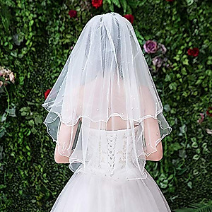 Wedding Veil,White Bridal Veil with Comb, 3 Tier Ribbon Edge with Pearl Center Cascade for Bachelorette Party