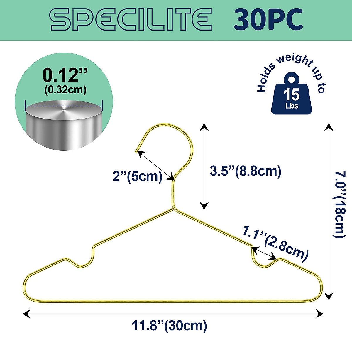 SPECILITE 11.8'' Gold Kids Baby Hangers 30 Pack, Strong Metal Wire Baby Clothes Hangers for Closet, Space Saving Childrens Hangers for Toddler Clothes, Cute Infant Hanger