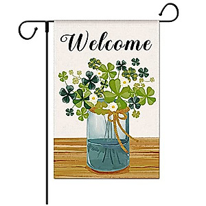 WODISON Welcome St Patricks Day Garden Flag For Yard House, Spring Shamrocks Clovers 12x18 Inch Burlap Double Sided Printing, Outdoors Home Decoration Banner (Only Flag)