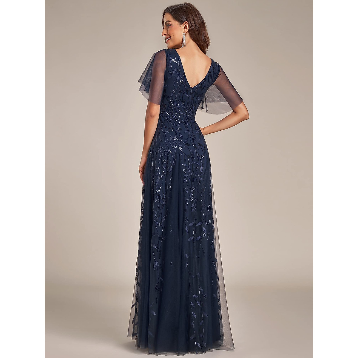 Ever-Pretty Women's Sequin Sparkly V-Neck Short Sleeve Maxi Evening Dress Prom Gowns Navy Blue US10