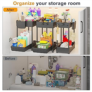 Sevenblue 3 Pack Under Sink Organizer, 2-Tier Multi-Use Kitchen Bathroom Organizers and Storage with Sliding Drawer, Bathroom Cabinet Organizer with Hooks and Hanging Cups, Black