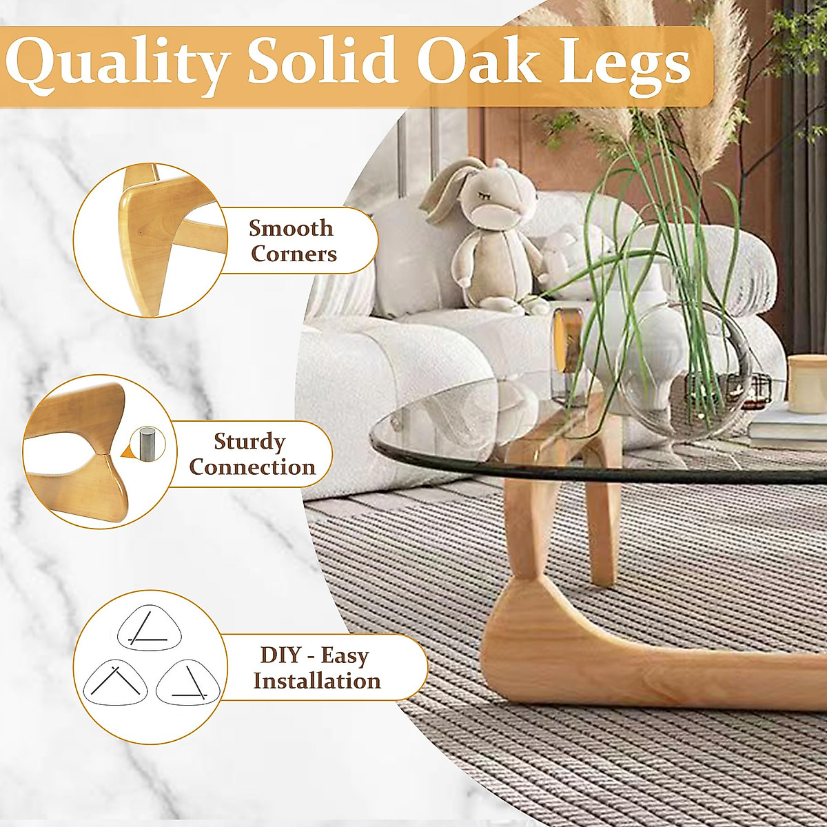 Mid-Century Modern Coffee Table - Triangle Glass Top Natural Wood Base Triangle Coffee Table for Living Room Patio Office Abstract End Tables (Raw wood/Transparent, Small 32.2 * 22.4 * 16in)