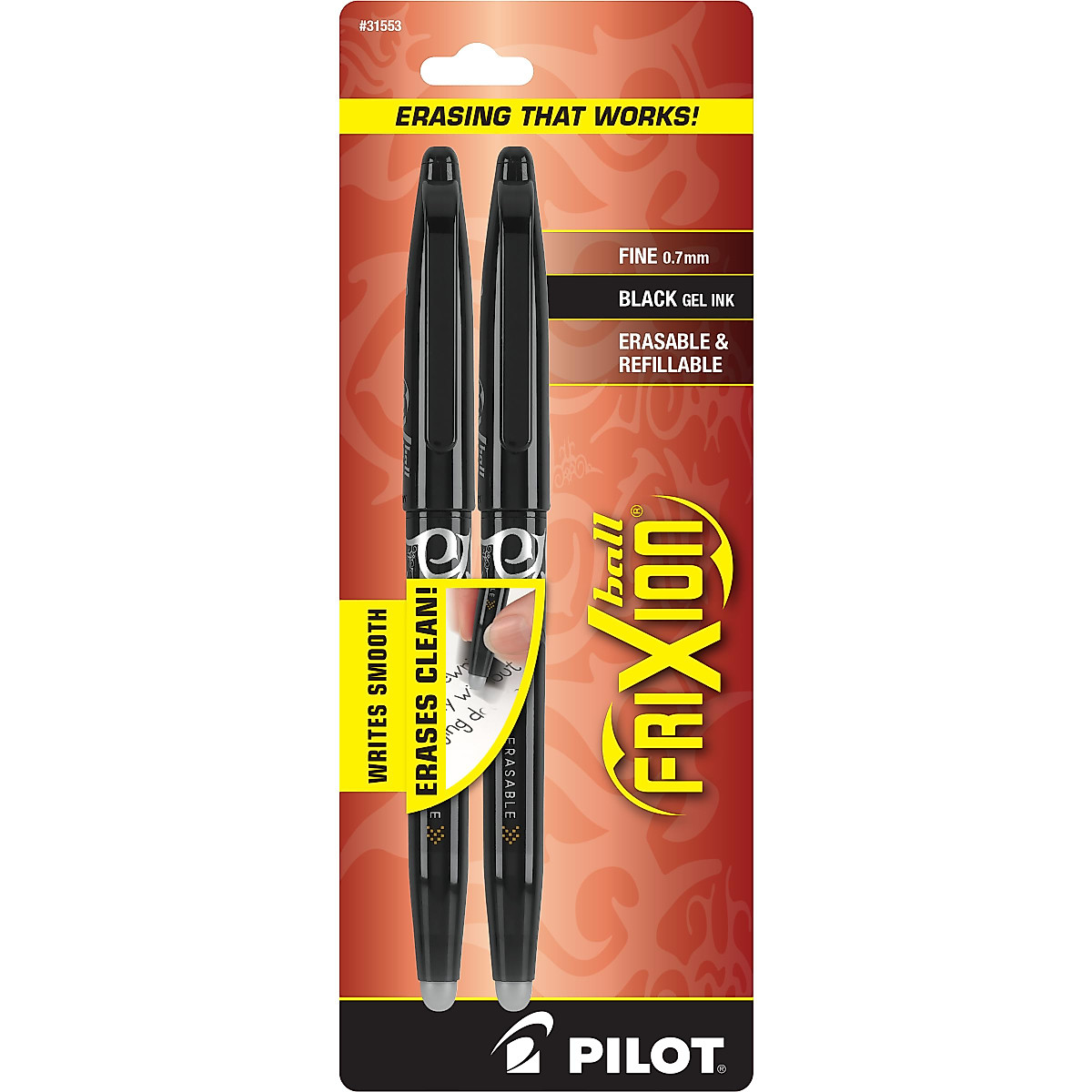 PILOT FriXion Ball Erasable & Refillable Gel Ink Stick Pens, Fine Point, Black Ink, 2-Pack (31553)