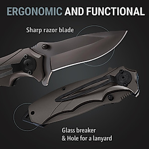 Pocket Knife for Men - Folding Knives with Sharp Blade Aluminum Handle Glass Breaker and Pocket Clip - Best Gear for Tactical Camping Hunting Fishing EDC Survival - Birthday Gift Idea - 6495