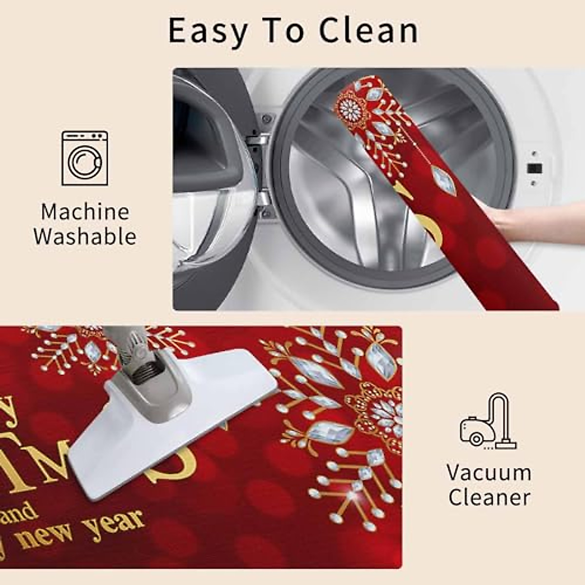 JasmineM Christmas Snowflake Shiny Diamonds Kitchen Rugs and Mats Set of 2, Christmas Decorations Indoor Outdoor Kitchen Floor Mats, Xmas Non-Slip Runner Rug for Bathroom Living Room, Red