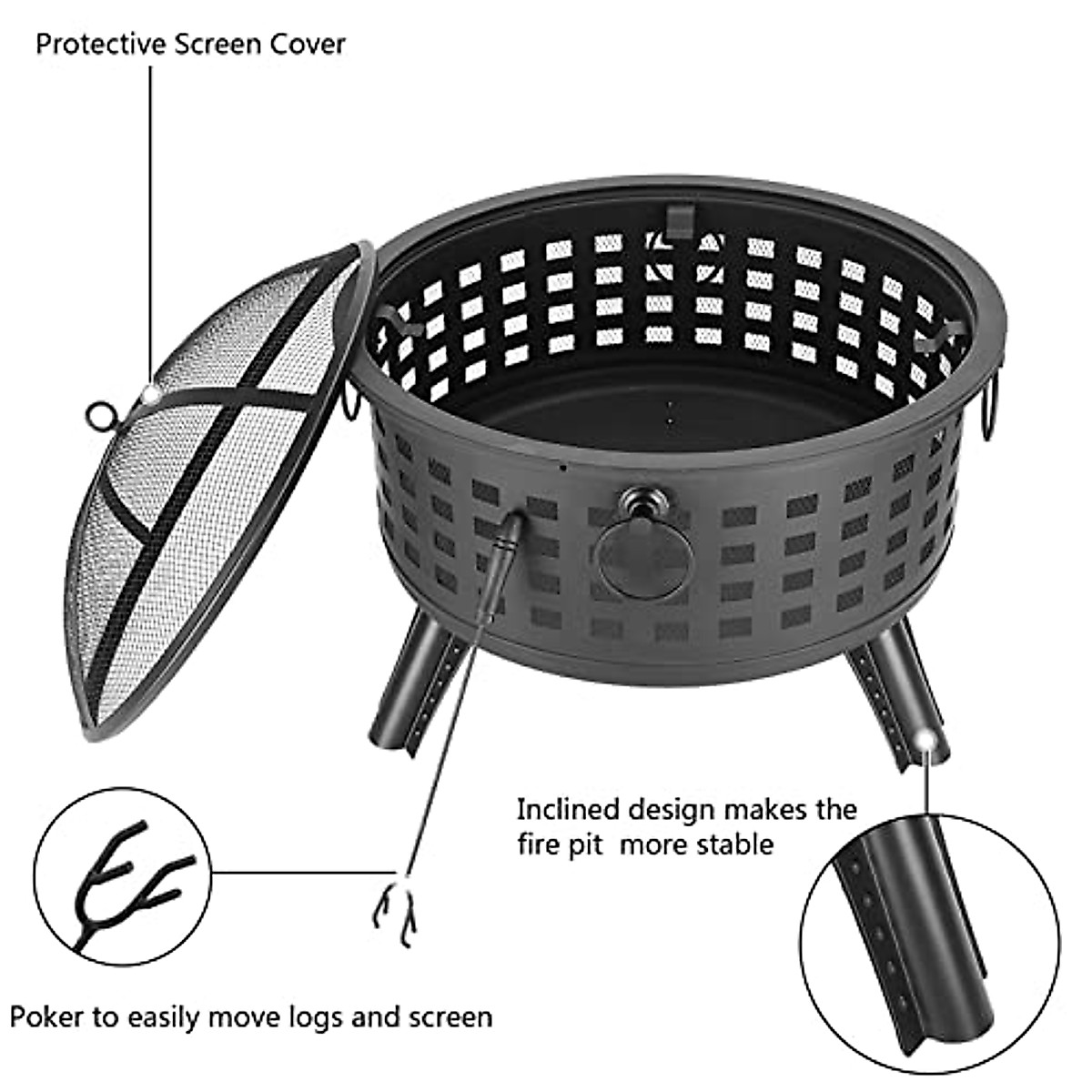 Outdoor Fire Pits for Outside Firepit Wood Burning Fire Pit, 26 Inchs Portable Outdoor Fireplace Fire Pit Bowl for Outdoor Outside Camping Patio Garden Backyard, Black-A