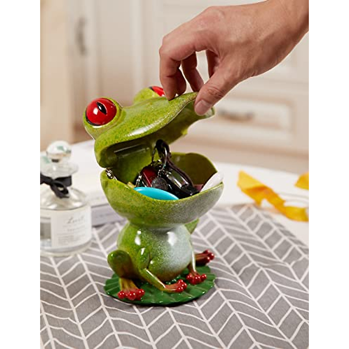 NENBOLEC Candy Dish Frog Cookie Jar Plate Statue Decor Sculpture Home Arts Gifts Polyresin Figurine Green 8 Inch