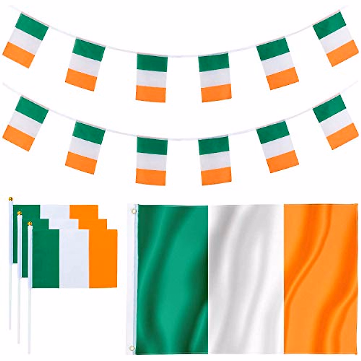 Whaline Ireland Flag Set, 3x5 Foot Large Ireland Irish Flag, 18.7 Feet Irish Banners Bunting Flags and 10 Pieces Small Hand Flag for Ireland National Day, Bars, Party and School Sports Events