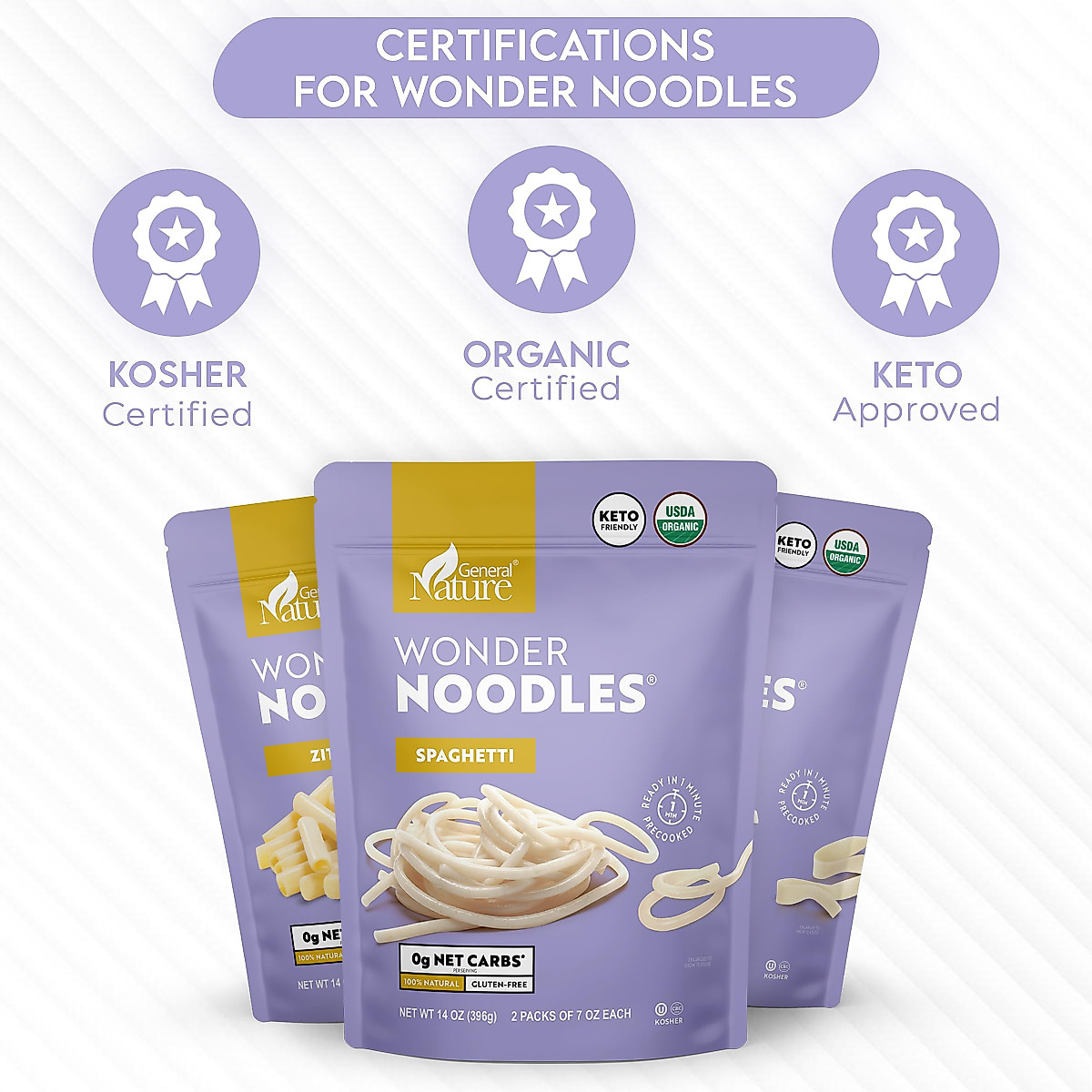 Wonder Noodles Variety Pack - Carb-Free, Keto, Gluten-Free, Kosher, Vegan, Low-Calorie -Organic Konjac Pasta - Spaghetti, Fettuccine, Ziti (14oz Each) Ready to eat in one minute