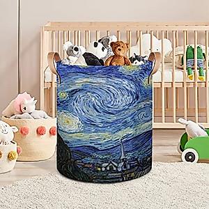 Starry Night Large Laundry Hamper, Laundry Baskets with Leather Handle, Collapsible Waterproof Portable Folding Clothes Hamper for Nursery, College Dorm, Bedroon, Bathroom