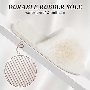 Parlovable Women's Faux Fur Slippers Fuzzy Flat Spa Fluffy Open Toe House Shoes Indoor Outdoor Slip on Memory Foam Slide Sandals Cream 5-6