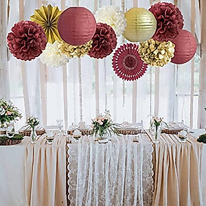 ANSOMO Burgundy and Gold Party Decorations Maroon Wine Dark Red Paper Fans Lanterns Tissue Pom Poms Wall Hanging Decor Supplies Bridal Baby Shower Birthday Wedding Graduation