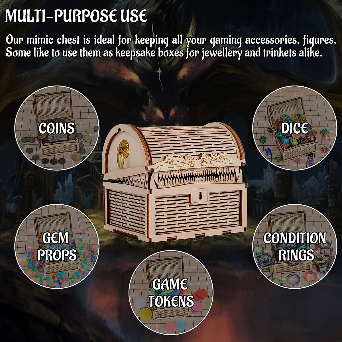 DND Mimic Chest Box Wood Laser Cut Dice Storage Case Perfect for Dungeons and Dragons, Board Game, Tabletop RPG and Gaming Accessories