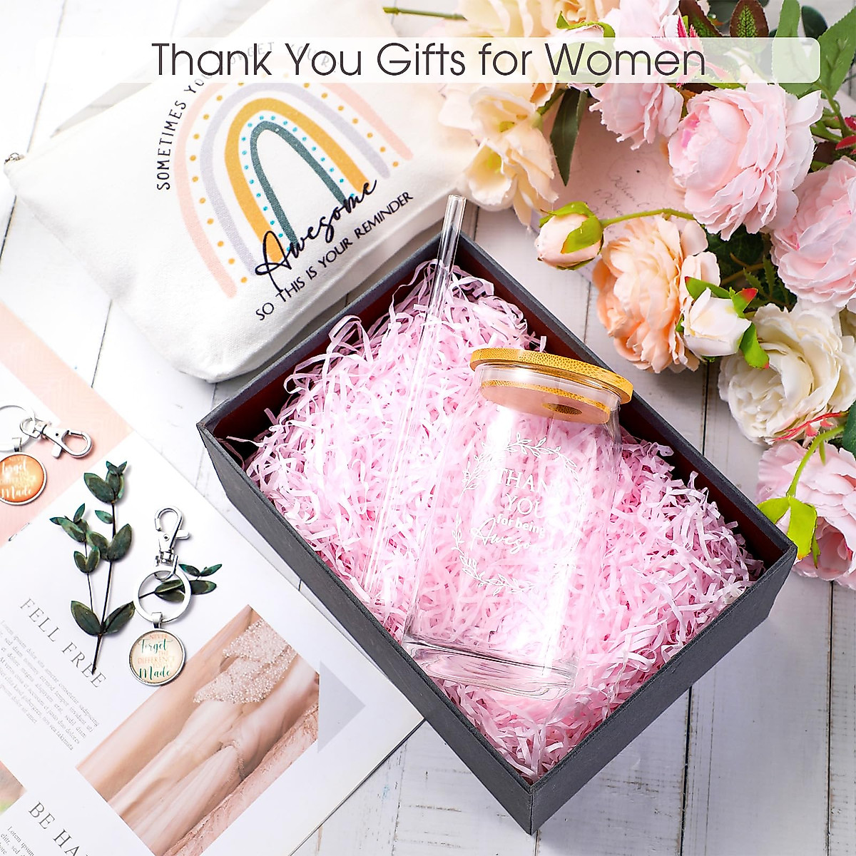 Hoolerry 9 Pcs Thank You Gifts for Women 16oz Glass Cup Motivational Pouch Employee Appreciation Keychain for Coworkers(Rainbow)