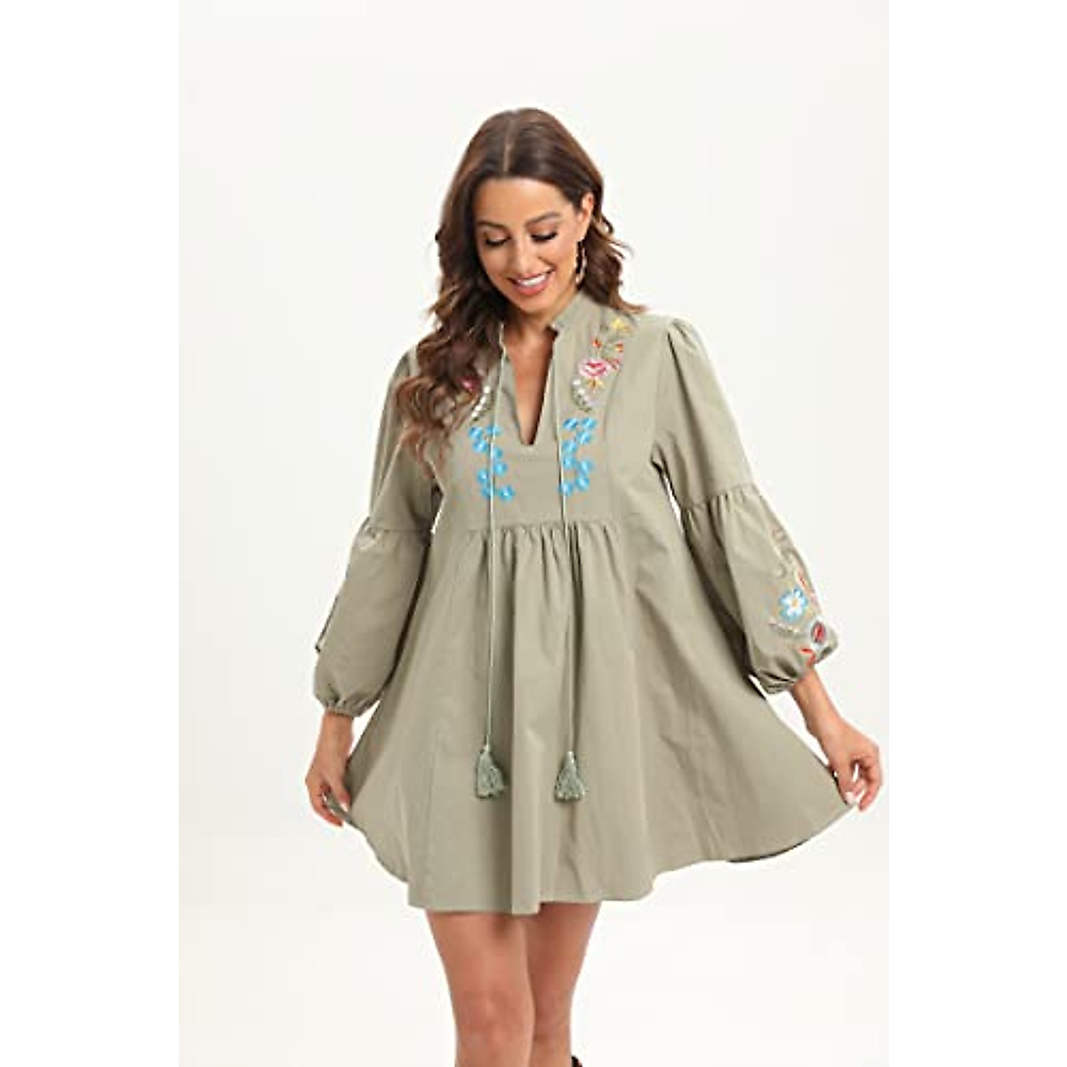 Aofur Women Bohemian Vintage Embroidered Cotton Spring Shift Mini Dress Long Sleeve Casual Tops Blouse (Medium, SR069 Green)