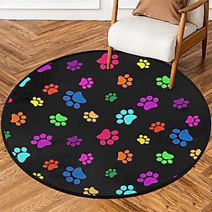 30X30 Inch Round Area Rug Colored Animal Dog Paw Print Large Circle Rugs Non-Slip Soft Indoor Throw Rugs Washable Floor Mat Carpet for Bedroom Living Room Sofa Nursery Kids Playroom Decor