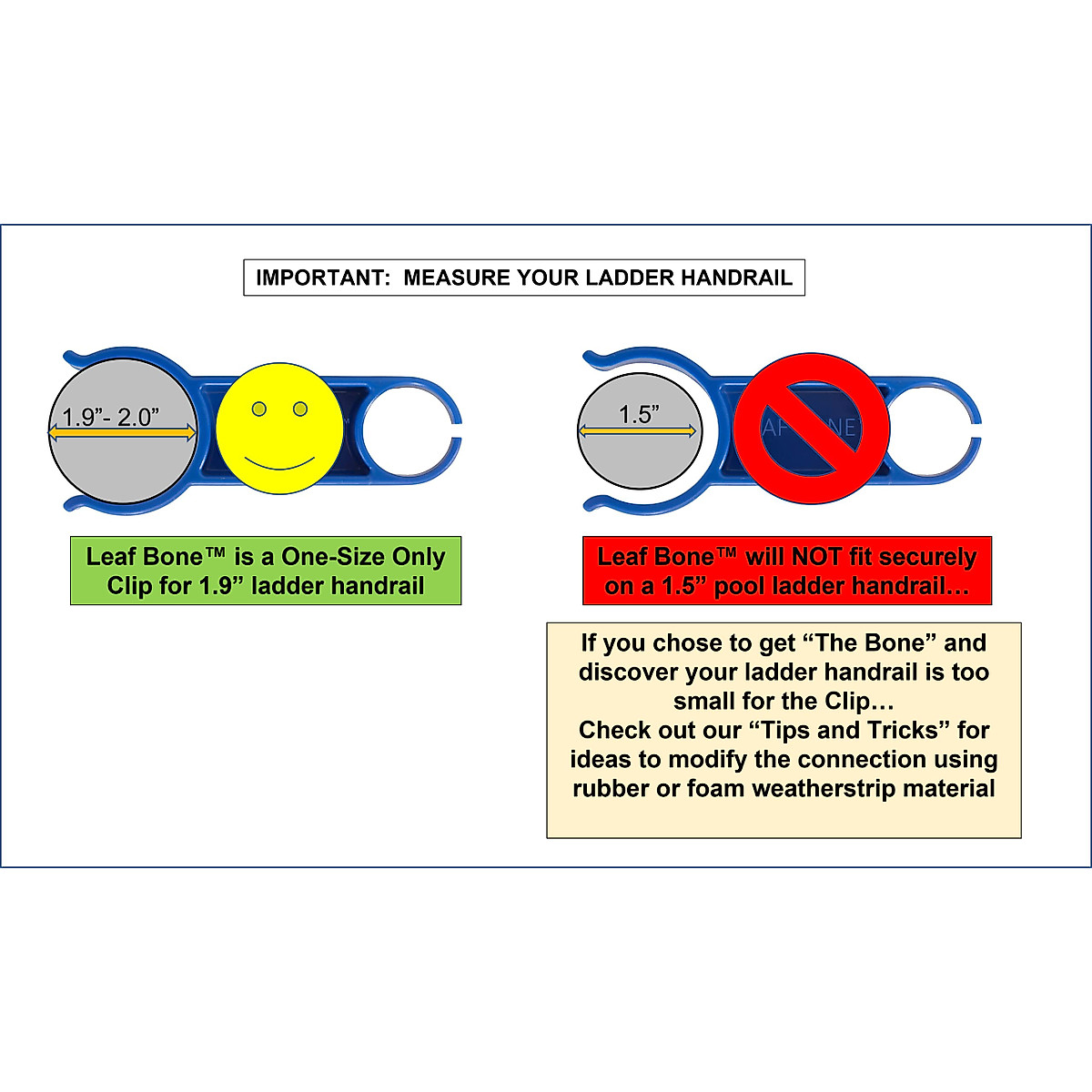 Leaf Bone - Leaf Net Skimmer Clip, In-Ground Swimming Pools and ONLY 1.9" Steel Ladder Handrails (Net Not Included), Leaf Rake Ladder Attachment