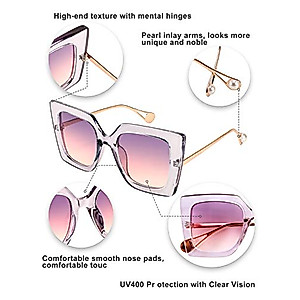 FEISEDY Sunglasses Womens Trendy, Oversized Square Shades, Pearl Inlay Cat Eye Frame UV400 Protection B2625,Clear Purple/Purple Pink