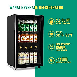 WANAI Beverage Refrigerator 125 Can Mini Fridge Cooler Black Mini Beer Fridge Glass Door for Wine Soda Juice Small Drink Cooler Machine Clear Front Removable for Home Office Bar Freestanding