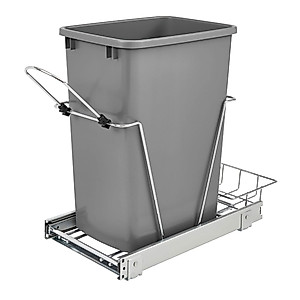 Rev-A-Shelf RV-12KD-17C Single 35 Quart Kitchen Cabinet Pull-Out Trash Can Waste Bin Container with Rear Storage and Chrome-Plated Wire Bottom Mount