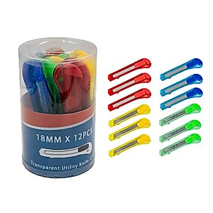 TWOMEM 12-Pack Transparent Utility Knife Heavy Duty Retractable Box Cutter for Cartons, Cardboard and Boxes 18mm Sharp blade for Office and Home Use