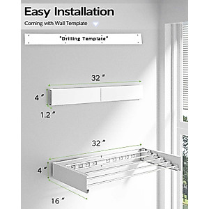Vikaqi Wall Mounted Clothes Drying Rack, Foldable Wall Mount Laundry Drying Rack Folding Indoor, Drying Rack Clothing Collapsible, Towel Drying Rack with Wall Template, 5 Rods, 32", White