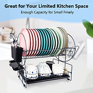 Housen Solutions Dish Drying Rack, 2 Tier Rust-Resistant Dish Rack with Drainboard, Dish Racks for Kitchen Counter with Glass and Utensil Holder