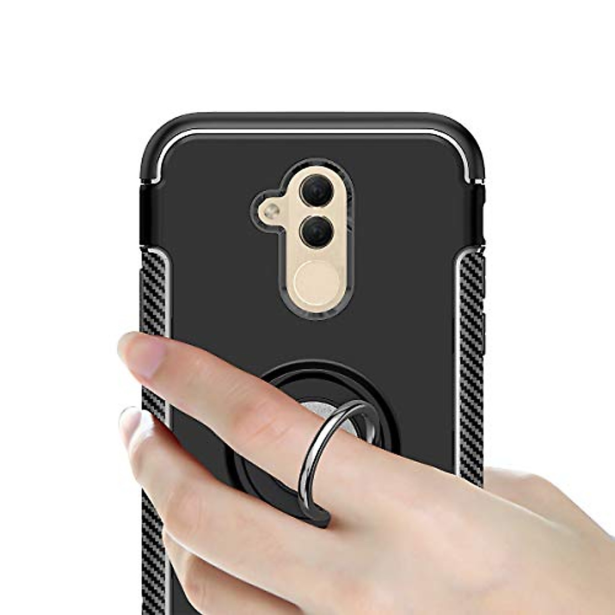 Orzero TPU + PC Hybrid Dual Layer Case Compatible for Huawei Mate 20 Lite Full Body Heavy Duty Protection 360 Rotating Metal Ring [Adsorbed Iron Plate] - Blue