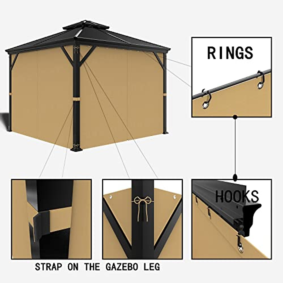 PROTUNE OUTDOORS 12-ft x 12-ft Gazebo Curtains,Privacy Sidewall Set 4-Panel Universal Replacement Shade Curtains Set,Protecting Side Walls (Only Curtain)-Khaki