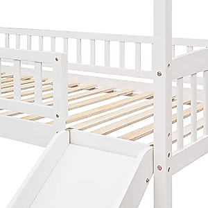 BOVZA Twin Size House Loft Bed with Convertible Slide and Ladder, Low Loft Bed with Roof and Guardrails, Wood Loft Bed Frame for Kids Boys Girls Teens, White