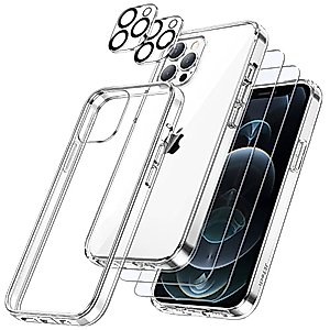 JETech 3 in 1 Case for iPhone 12 Pro 6.1-Inch, with 2-Pack Screen Protector and 2-Pack Camera Lens Protector, Non-Yellowing Shockproof Bumper Phone Cover, Full Coverage Tempered Glass Film (Clear)