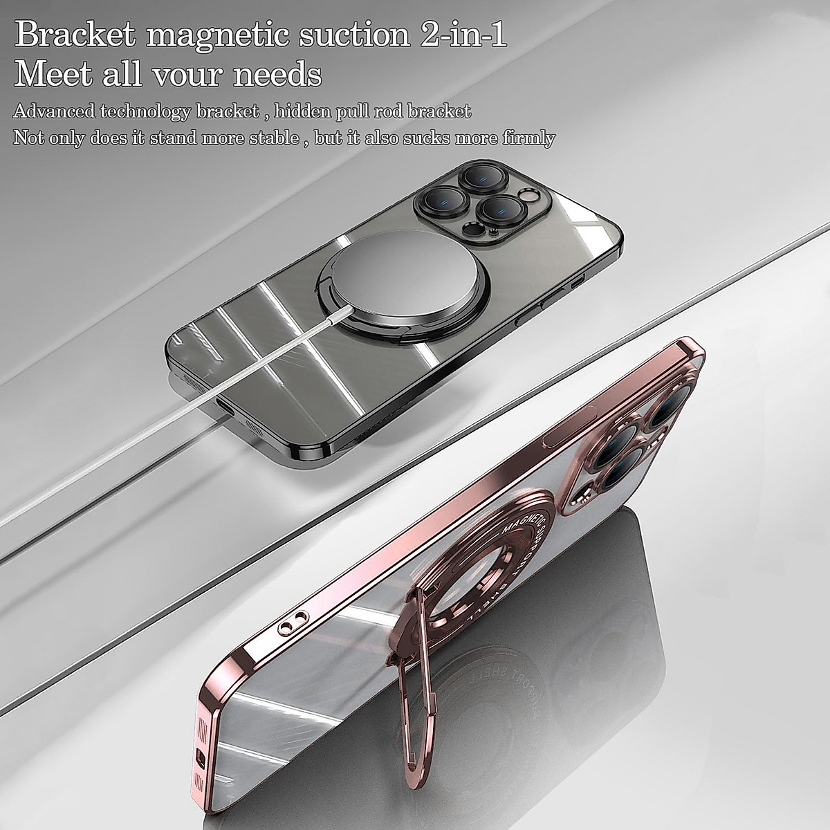 QLTYPRI Magnetic Clear Case for iPhone 13 Pro Max Case Compatible with MagSafe, Invisible Ring Holder Stand, Camera Lens Full Protection, Shockproof Phone Case Cover for iPhone 13 Pro Max – Rose Gold